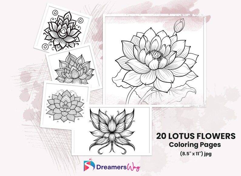Printable Lotus Flower Coloring Pages, Adult Relaxation, Digital ...