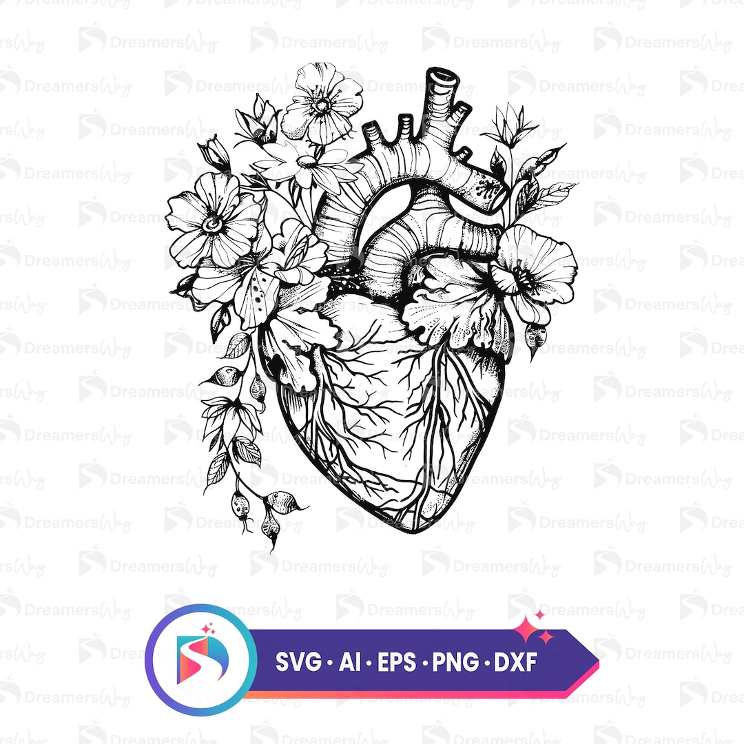 Anatomical Heart With Flowers, Svg, Floral Human Heart Clipart, Tattoo ...