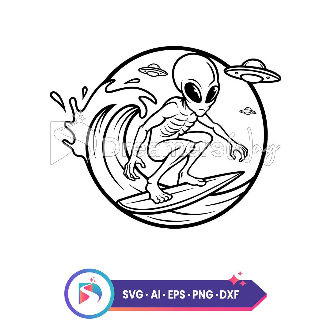 Alien With Surfboard Vector Illustration, Svg, Alien Svg, Digital Art ...