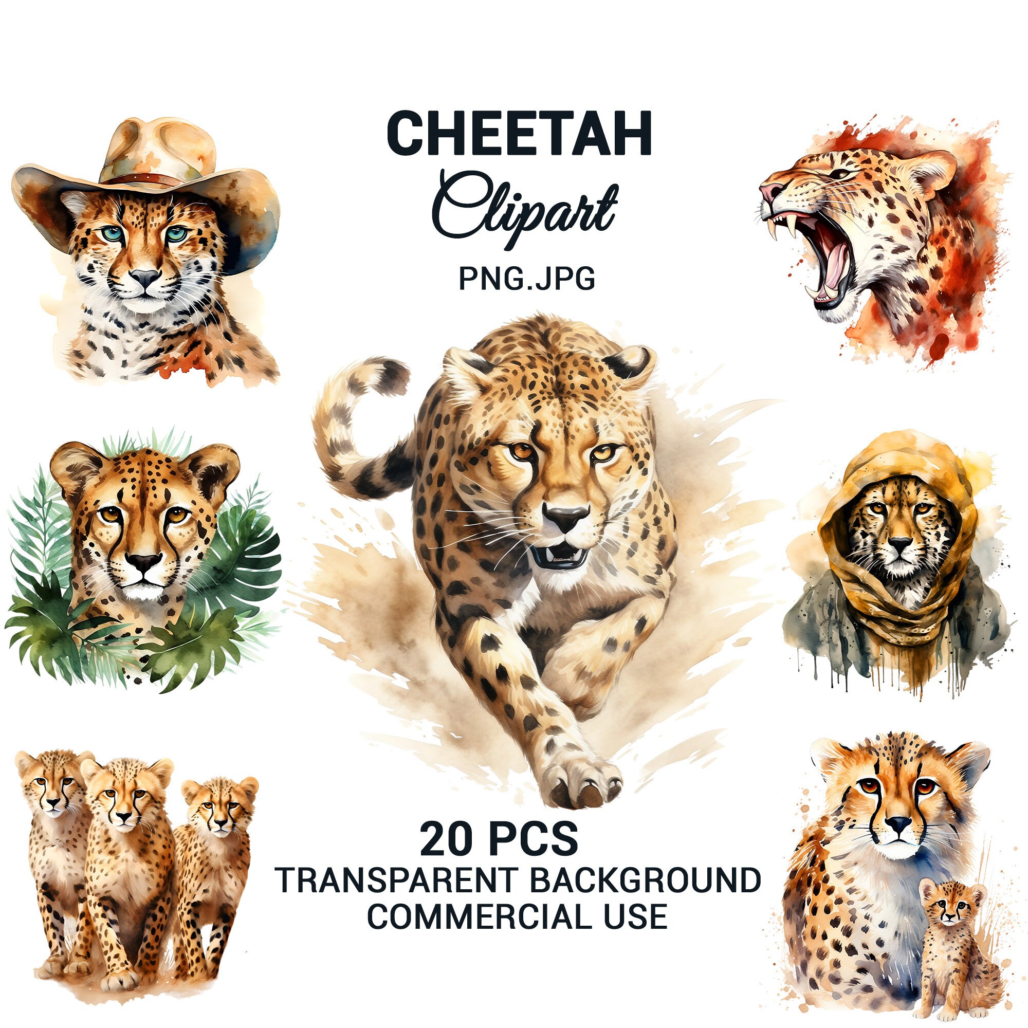 Watercolor Cheetah Clipart, Cheetah Bundle, Wild Cat, Cheetah PNG, Card ...