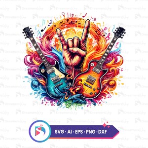 Rock and Roll Hand Sign With Guitars Digital Design, Music Lover Print ...