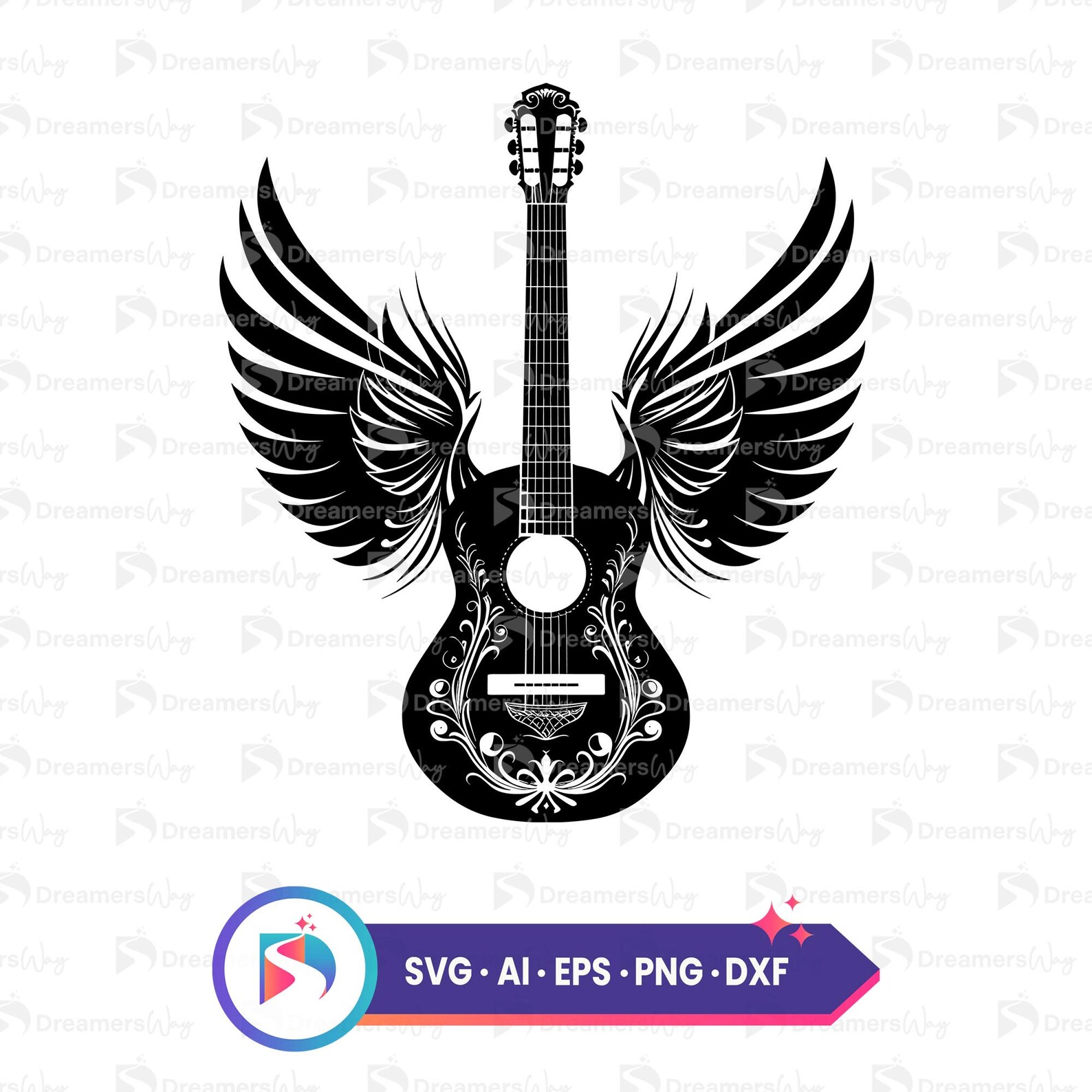 Guitar With Wings Vector Art, Svg, Ai, Eps, Png, Dxf Files, Musical ...