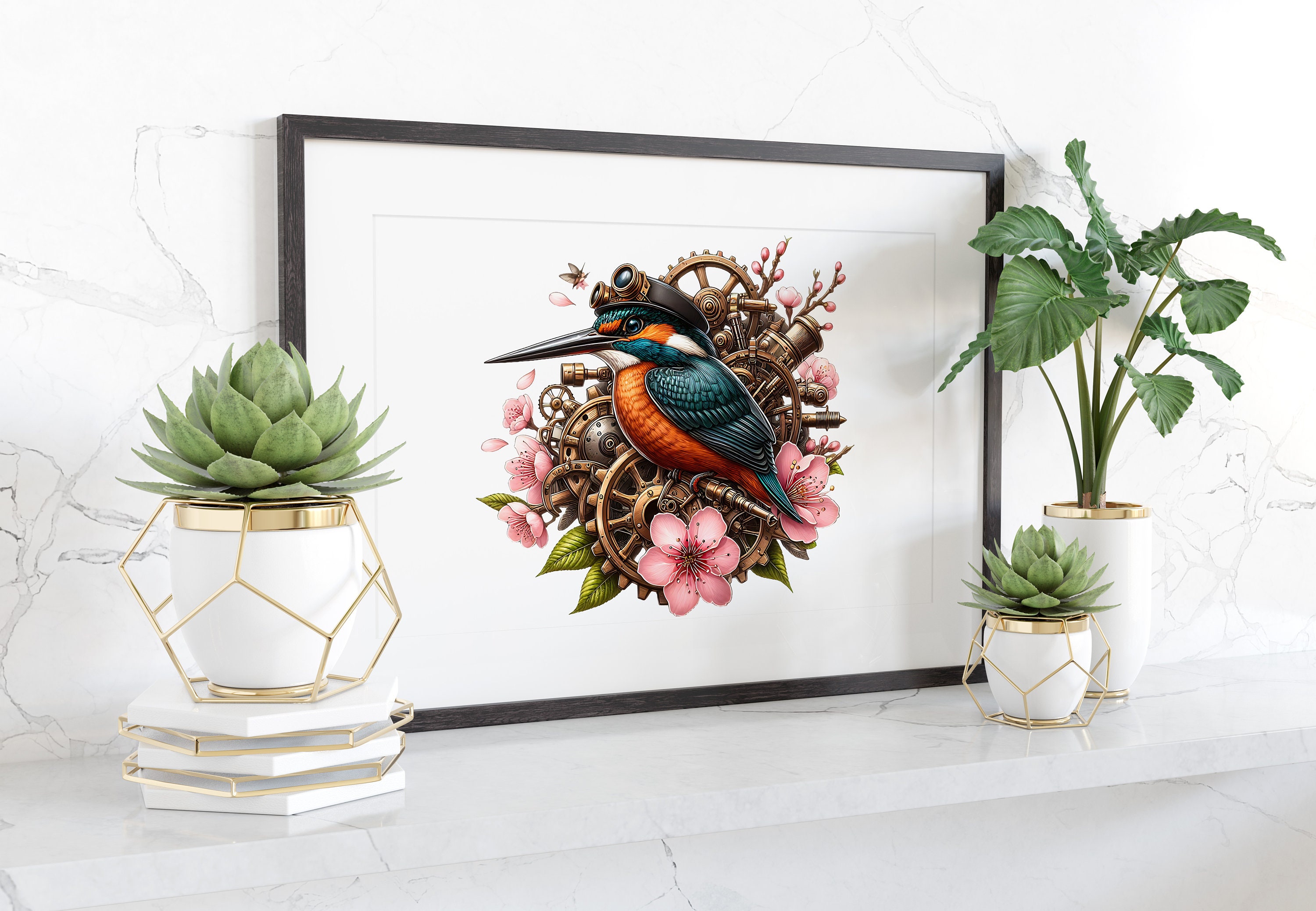 Steampunk Kingfisher Clipart, Mechanical Bird Graphics Flying Gears ...