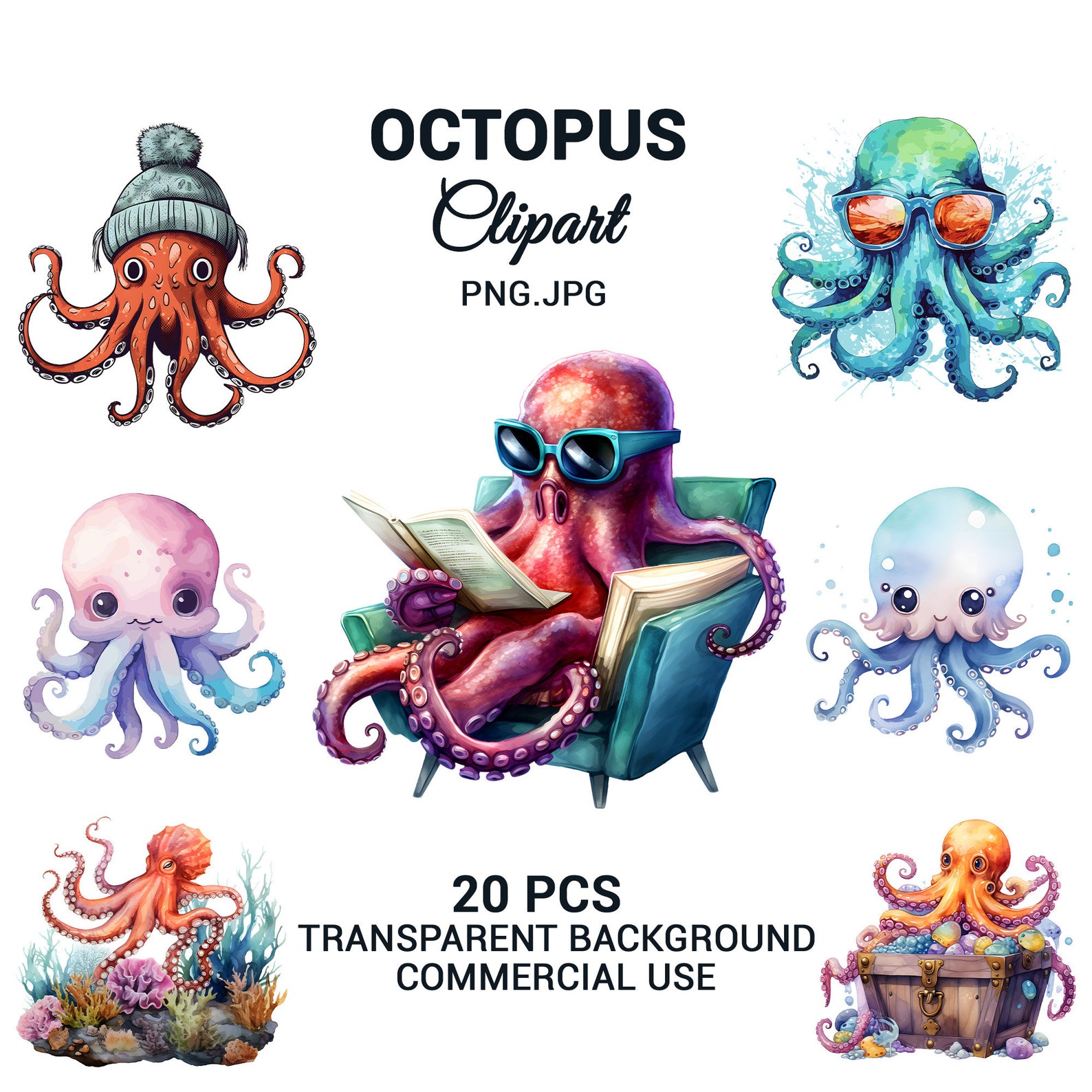 Watercolor Octopus Bundle, Sea Animal Clipart, Octopus Svg, Octopus Png ...