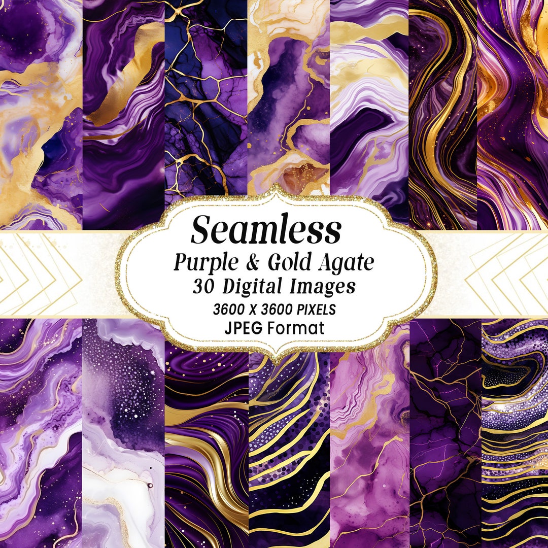 Digital Scrapbook Paper, Purple and Gold Agate Backgrounds, Seamless ...