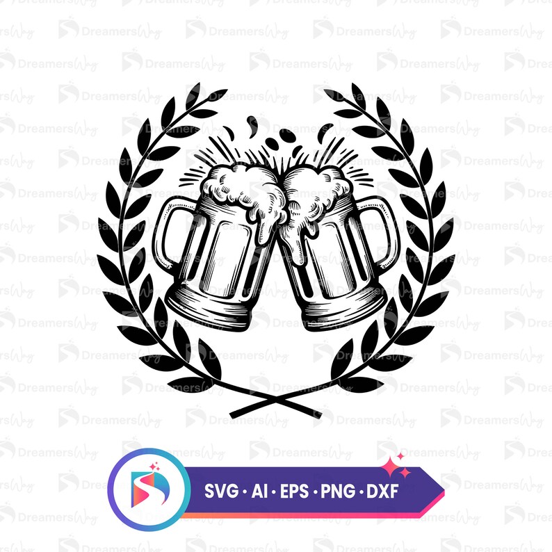 Beer Mugs Laurel Wreath Svg, Beer Glasses Vector, Cheers Clipart, Drink ...