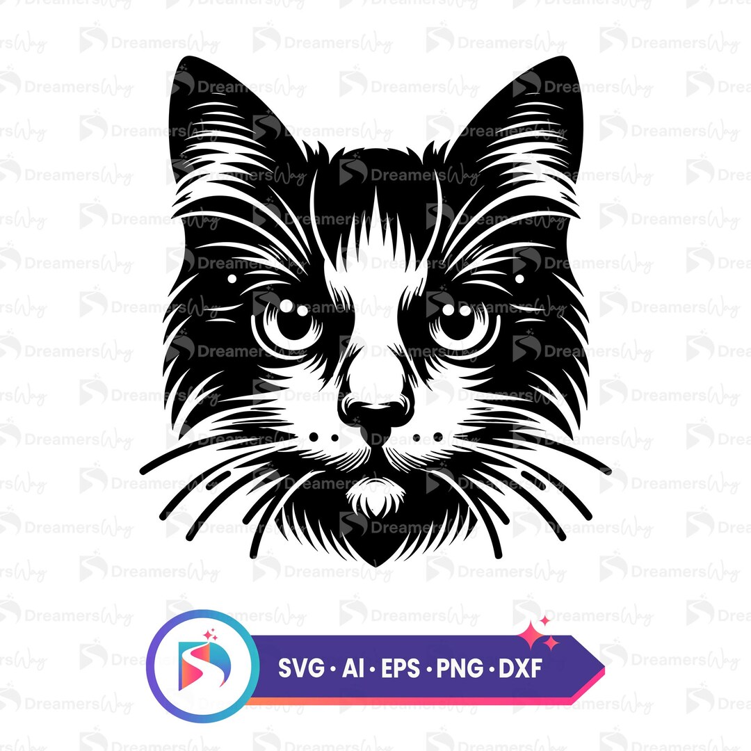 Cat Face Svg Cut File, Kitty Clipart, Feline Digital Download, Cat With ...