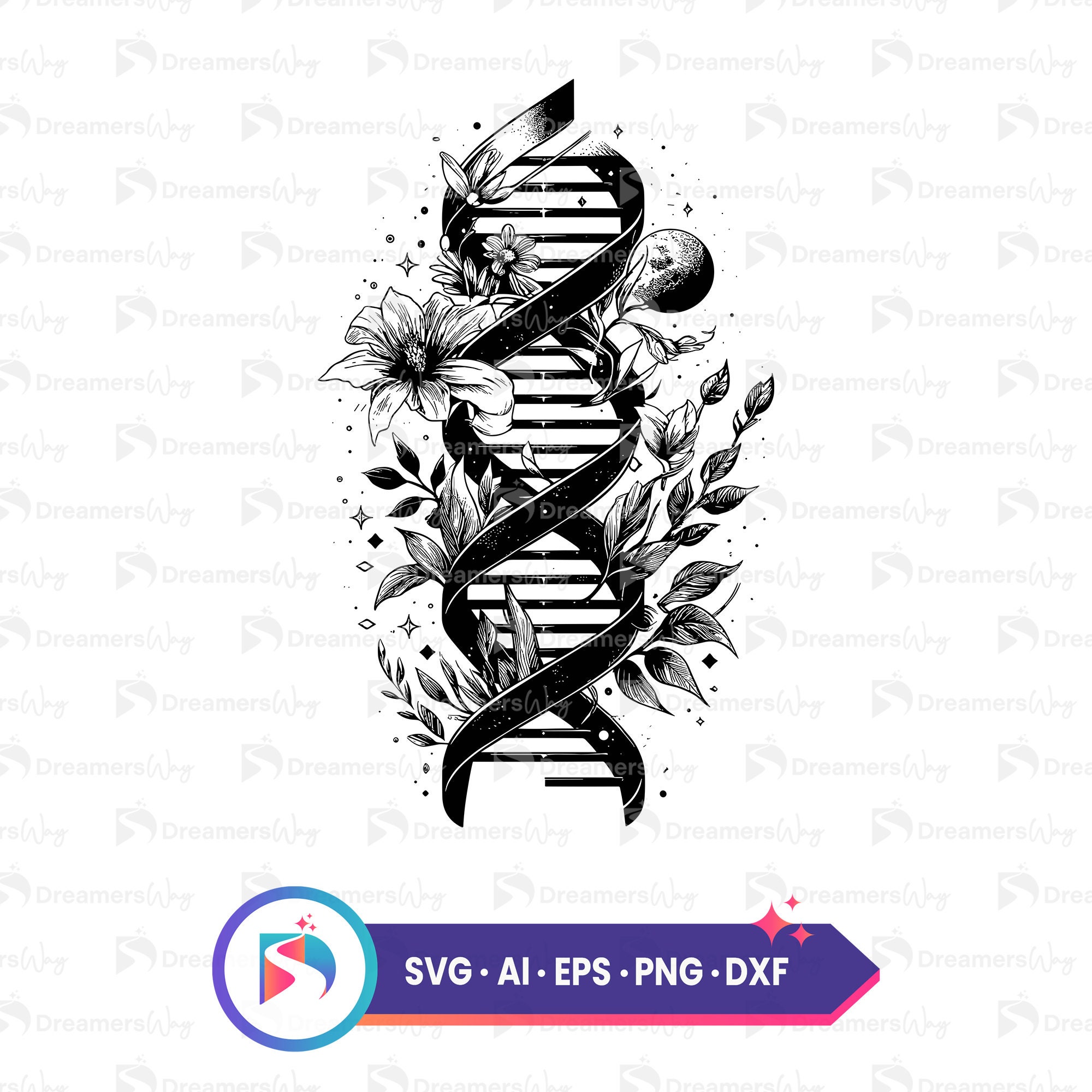 Floral Dna Helix Vector Art, Floral Dna Svg, Black and White Flower ...