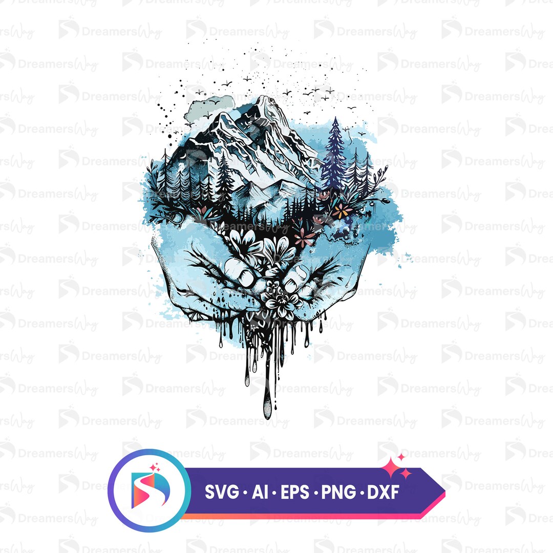 Watercolor Hand Holding Mountains Vector Art Svg, Abstract Nature Drip ...