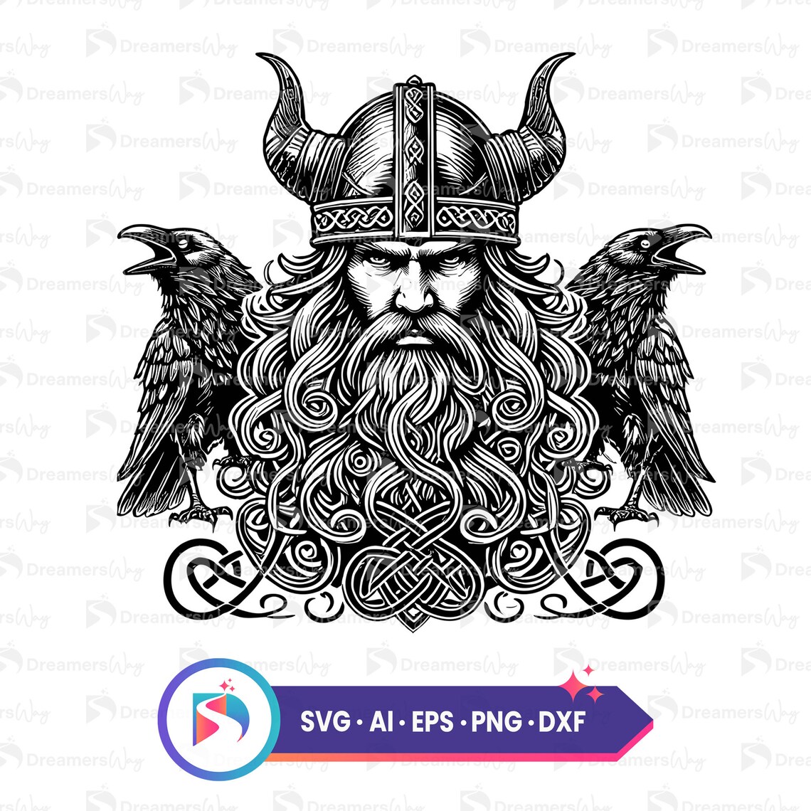 Viking Odin and Raven Vector Illustration, Celtic Raven and Odin ...
