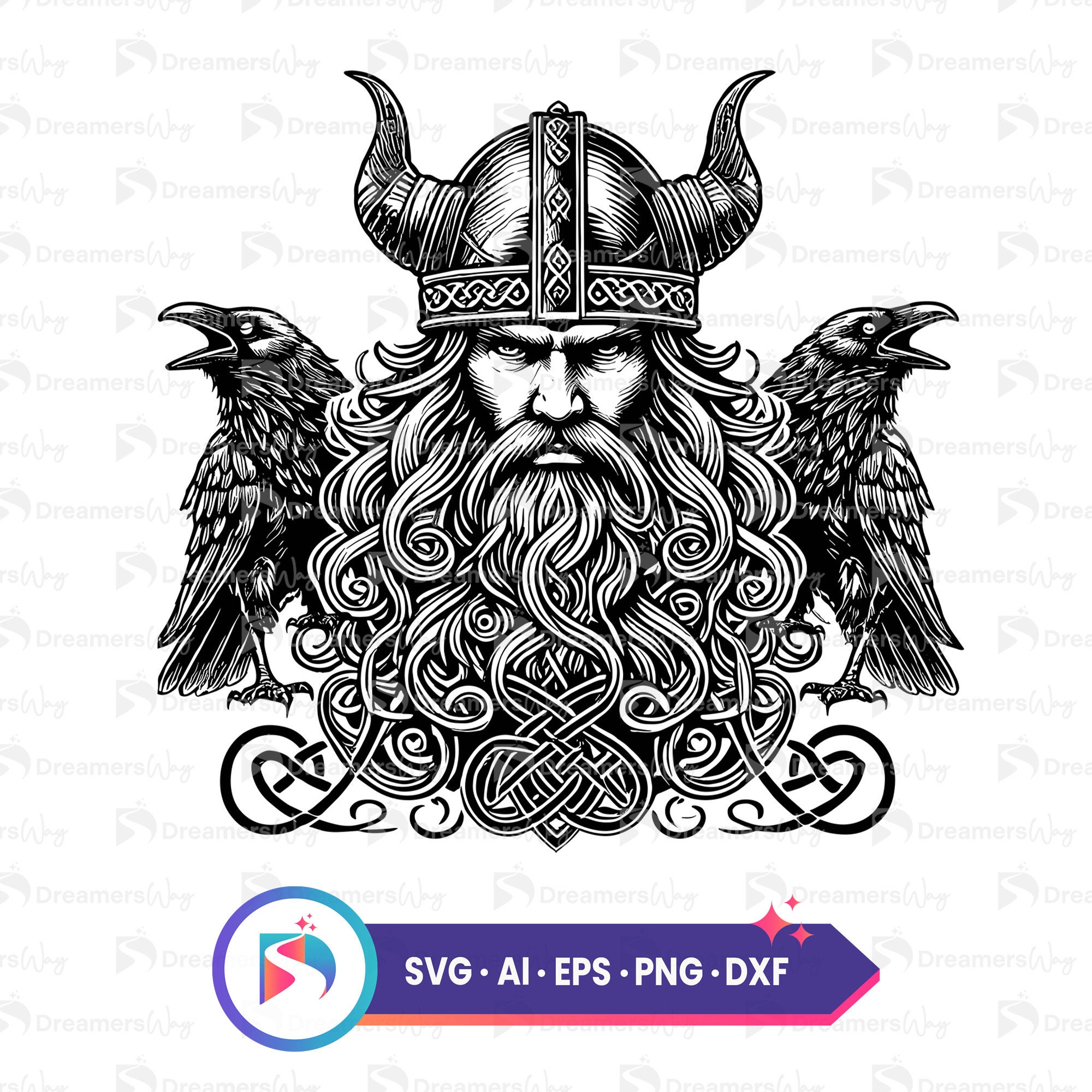 Viking Odin and Raven Vector Illustration, Celtic Raven and Odin ...