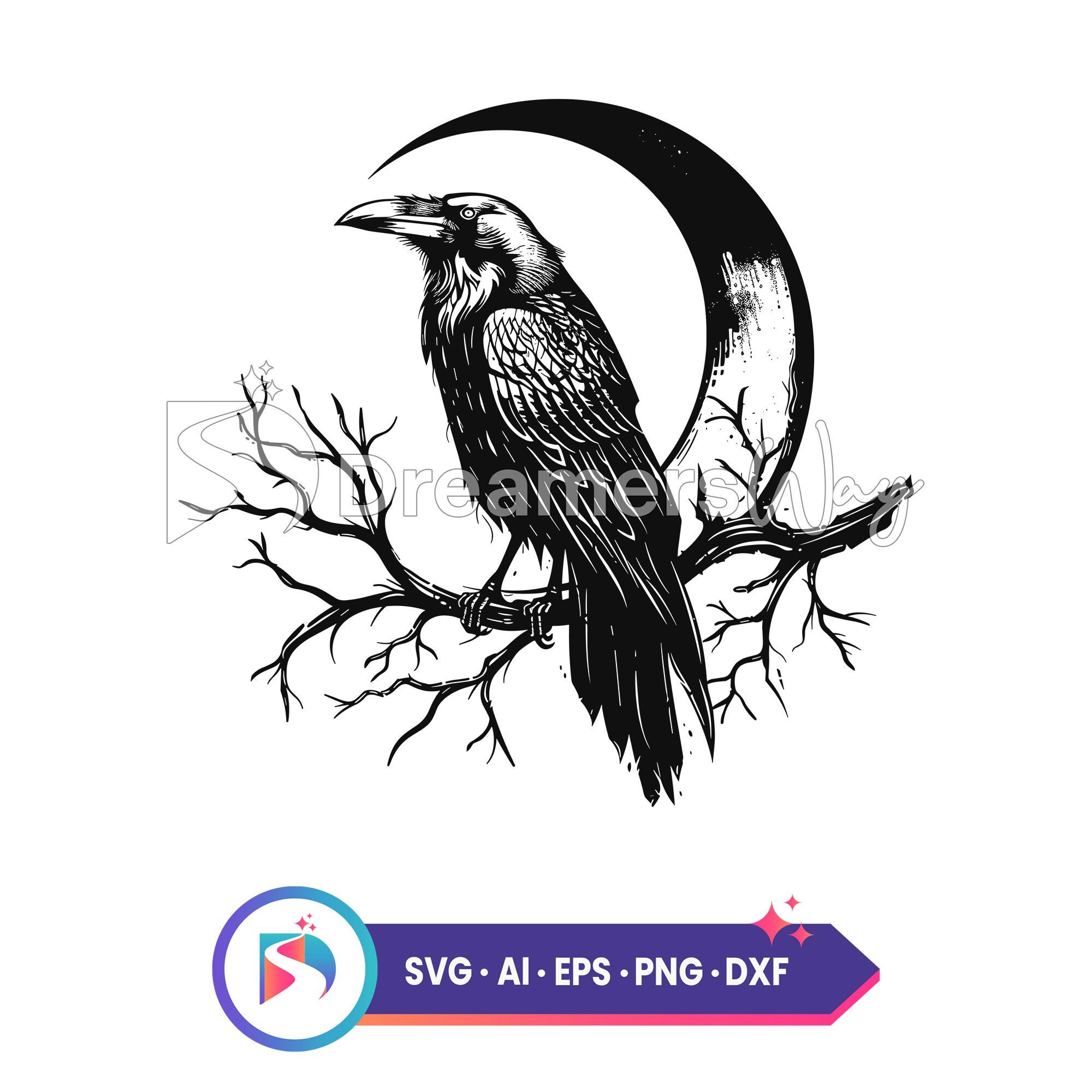 Raven Sitting on Branch Svg, Ai, Eps, Dxf, Png, Vector Graphic, Bird ...