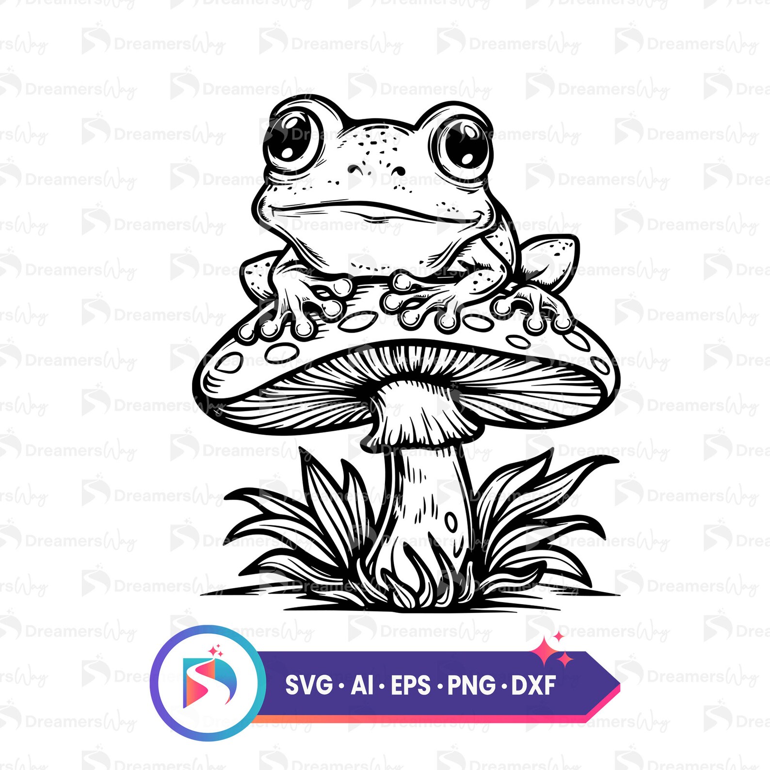 Frog on Mushroom Line Art, Digital Frog Illustration, Printable Frog ...