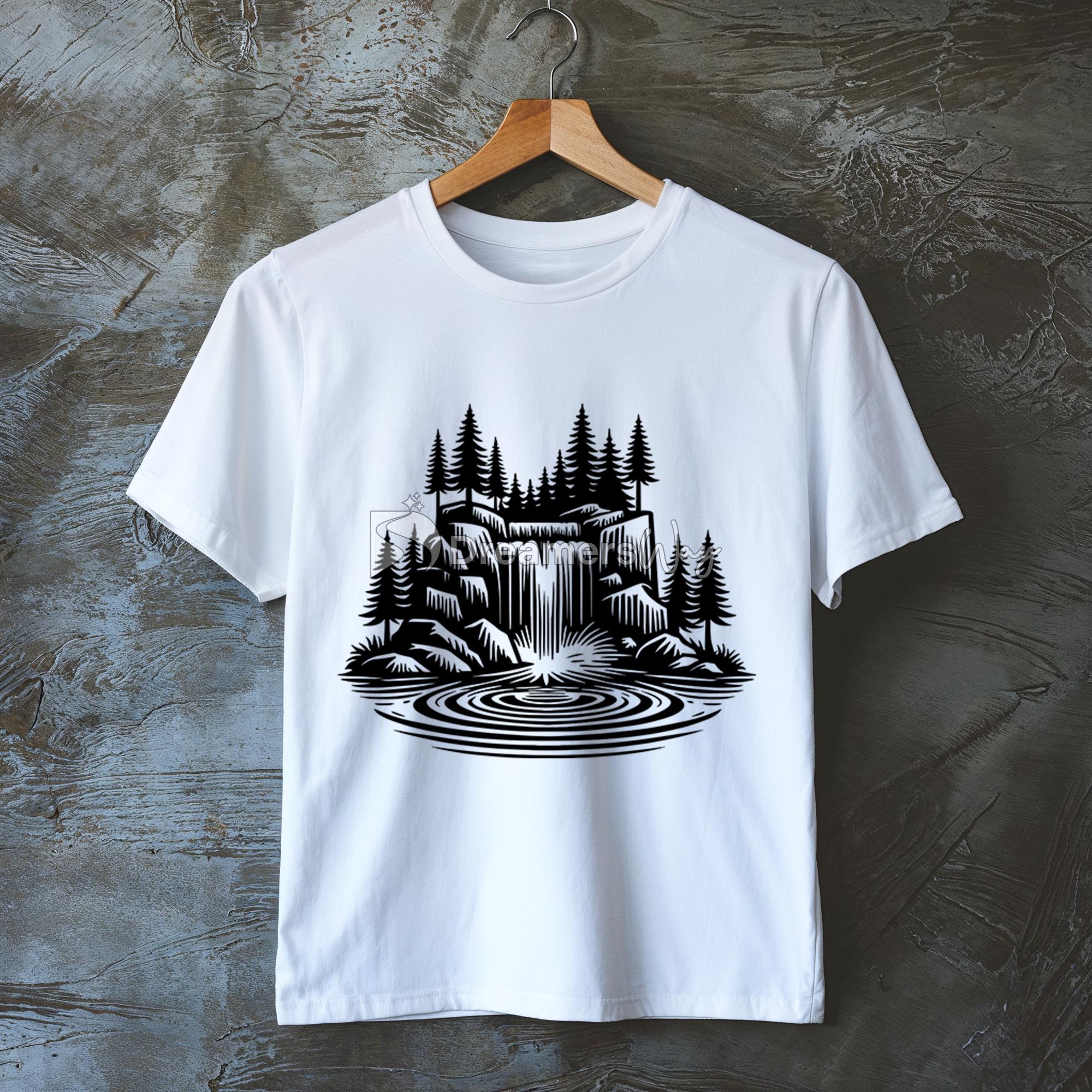 Waterfall and Forest Vector Illustration. Svg, Ai, Eps, Png, Dxf Files ...