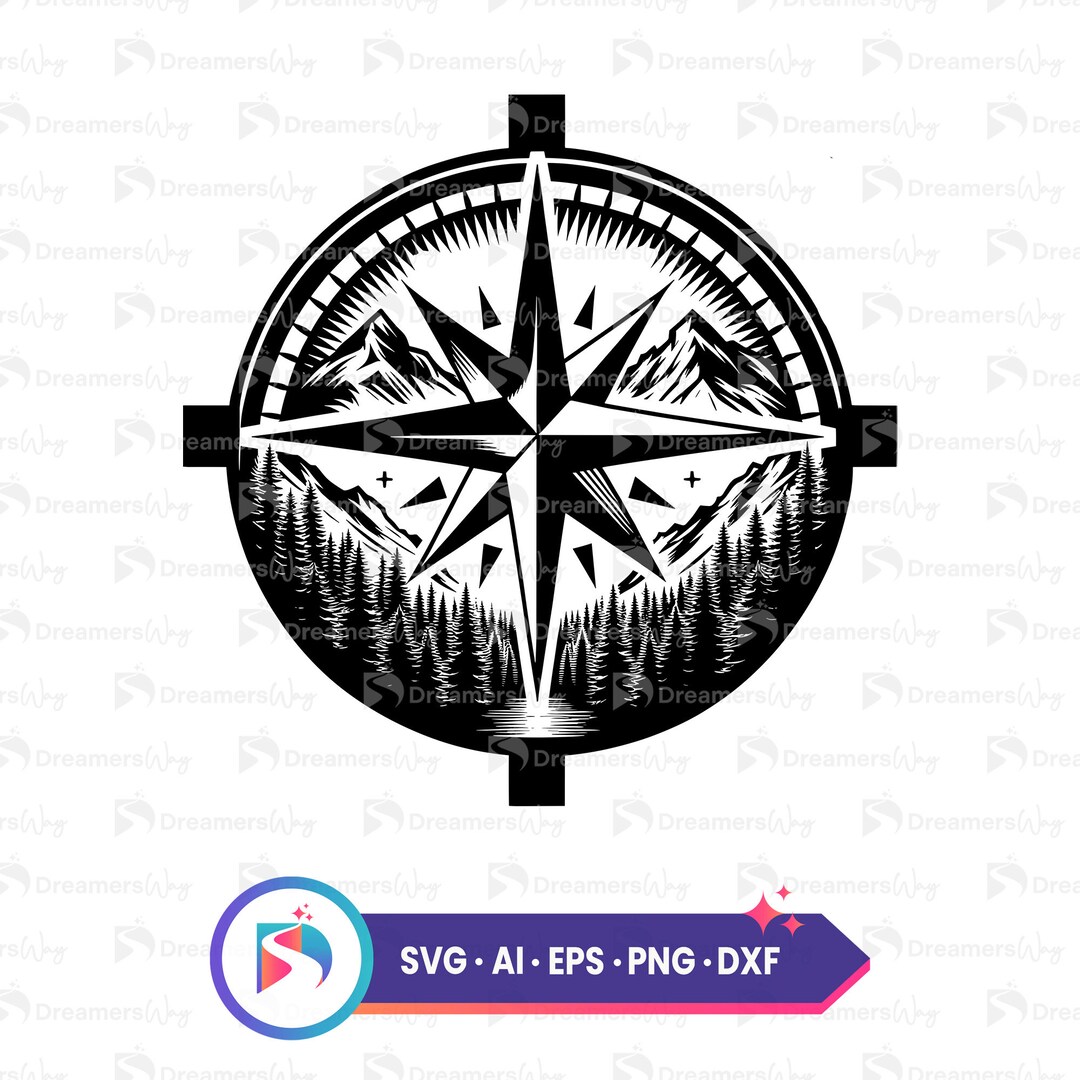 Compass and Mountains Svg, Compass and Forest Svg, Natural Landscape ...