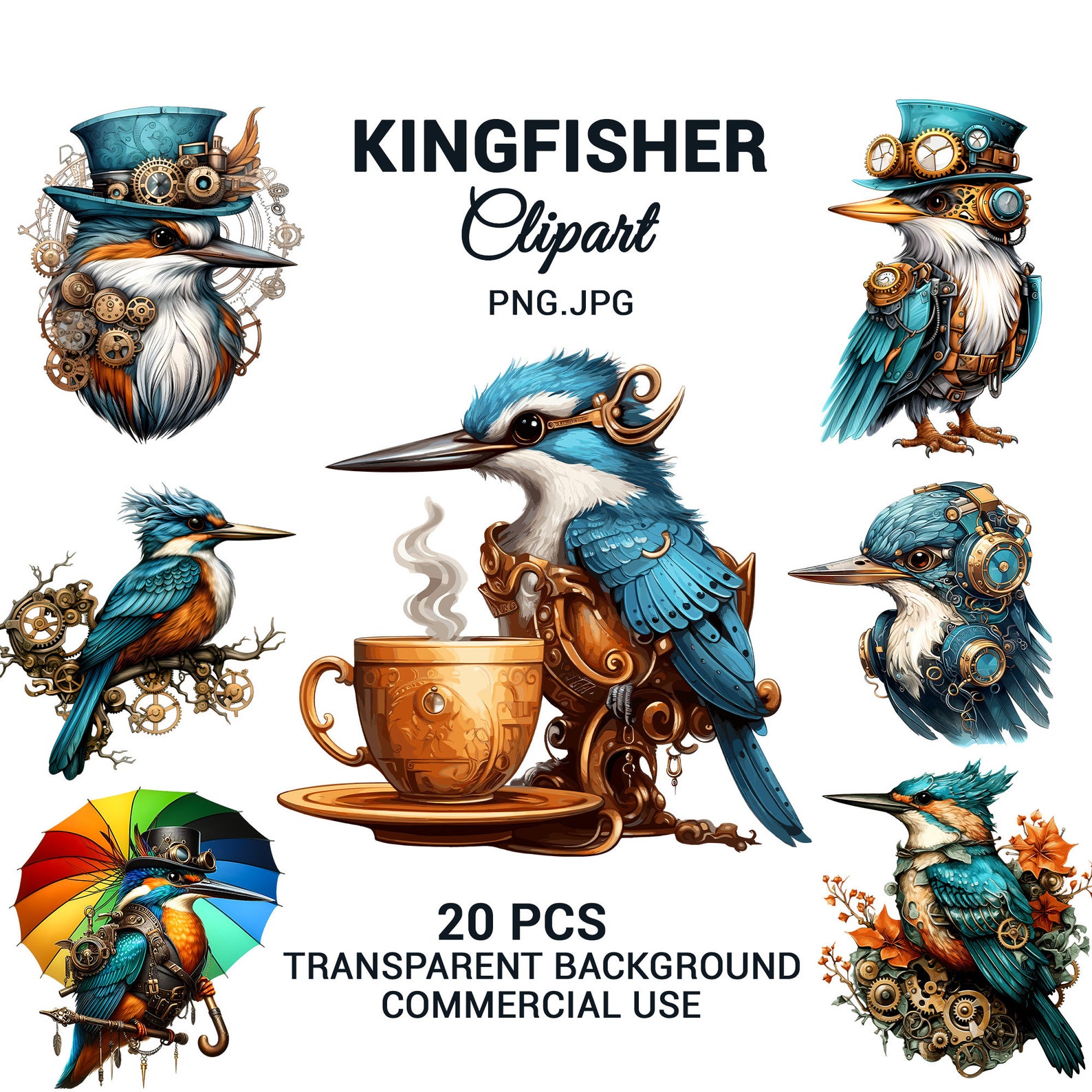 Steampunk Kingfisher Clipart, Mechanical Bird Graphics Flying Gears ...