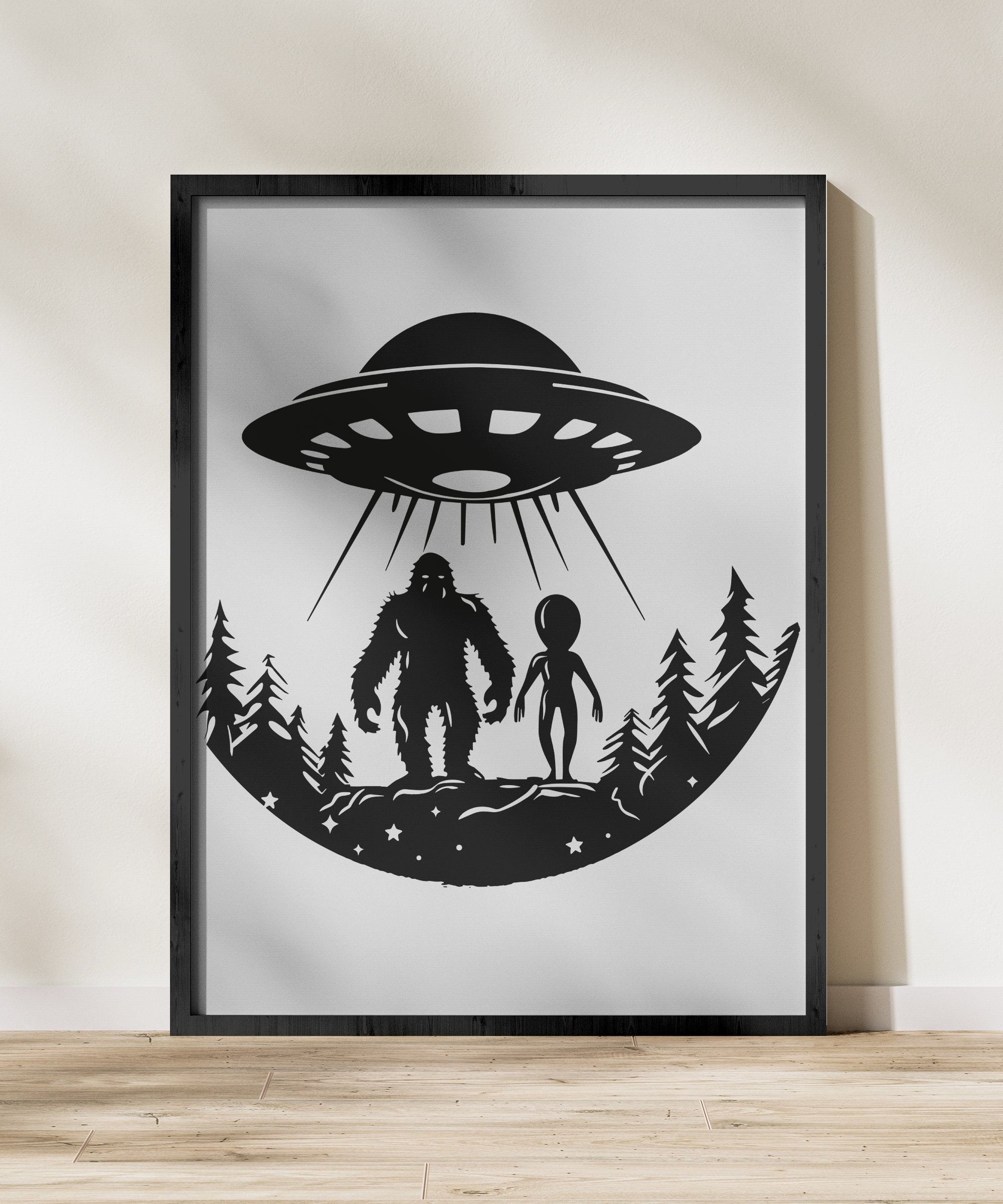 Ufo and Bigfoot Alien Encounter Vector Art, Svg, Ai, Eps, Png, Dxf ...