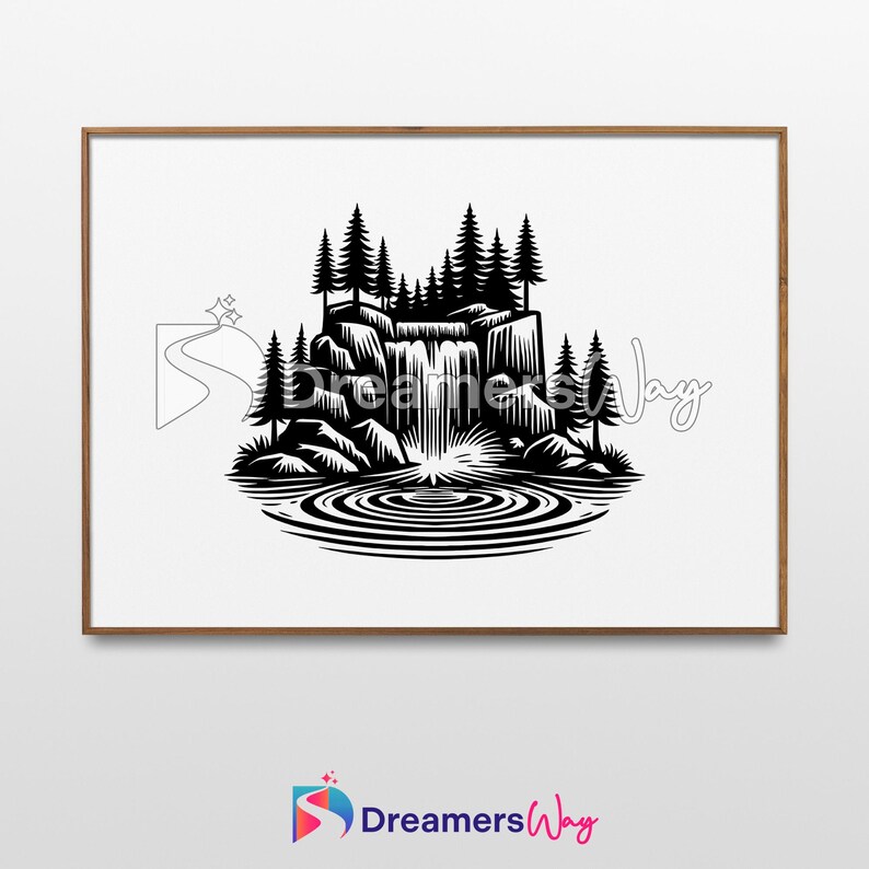 Waterfall and Forest Vector Illustration. Svg, Ai, Eps, Png, Dxf Files ...