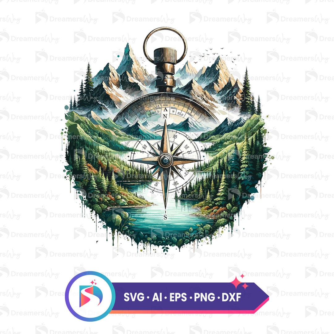 Compass and Mountains Svg, Compass and Forest Svg, Adventure Awaits Svg ...