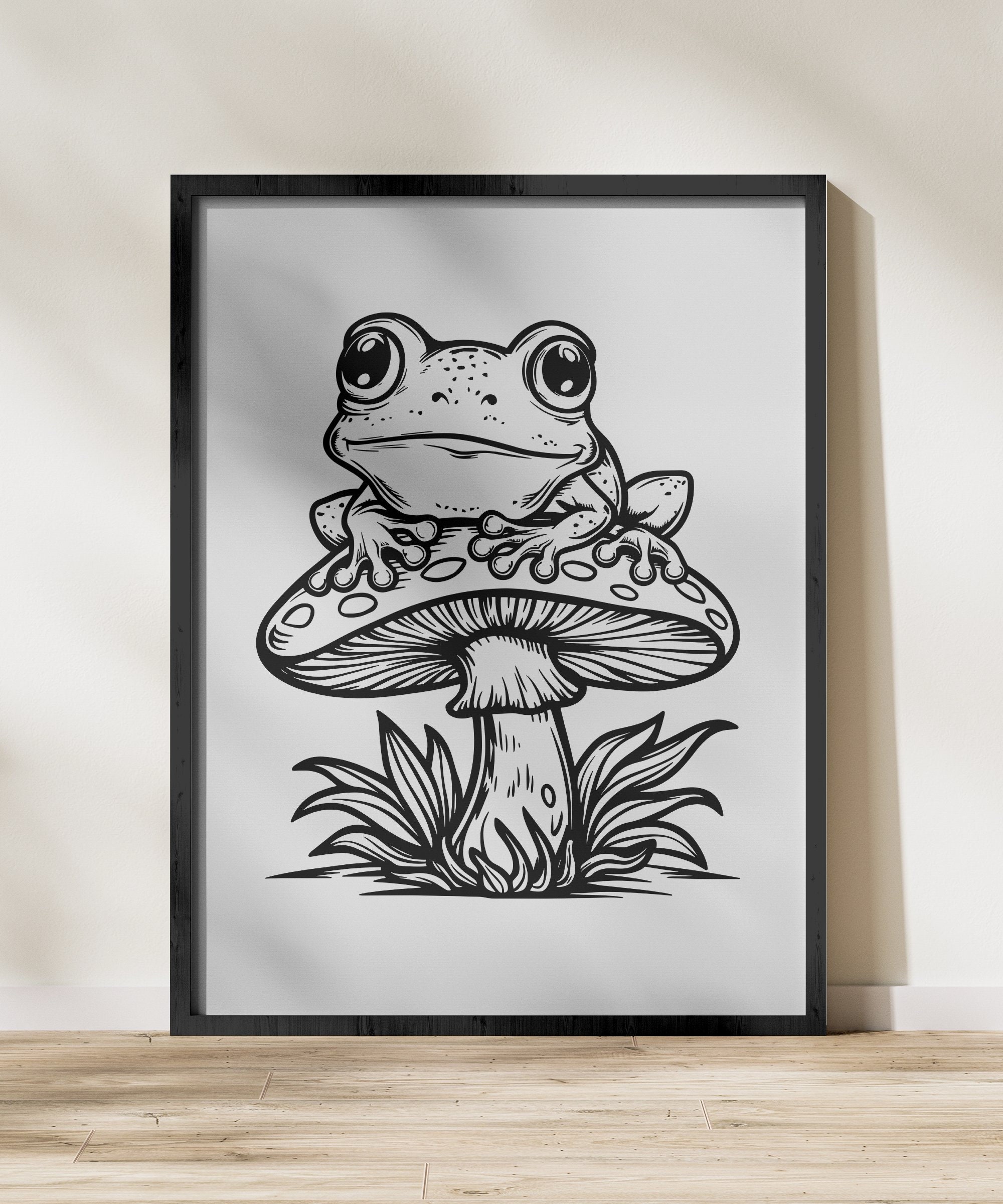 Frog on Mushroom Line Art, Digital Frog Illustration, Printable Frog ...