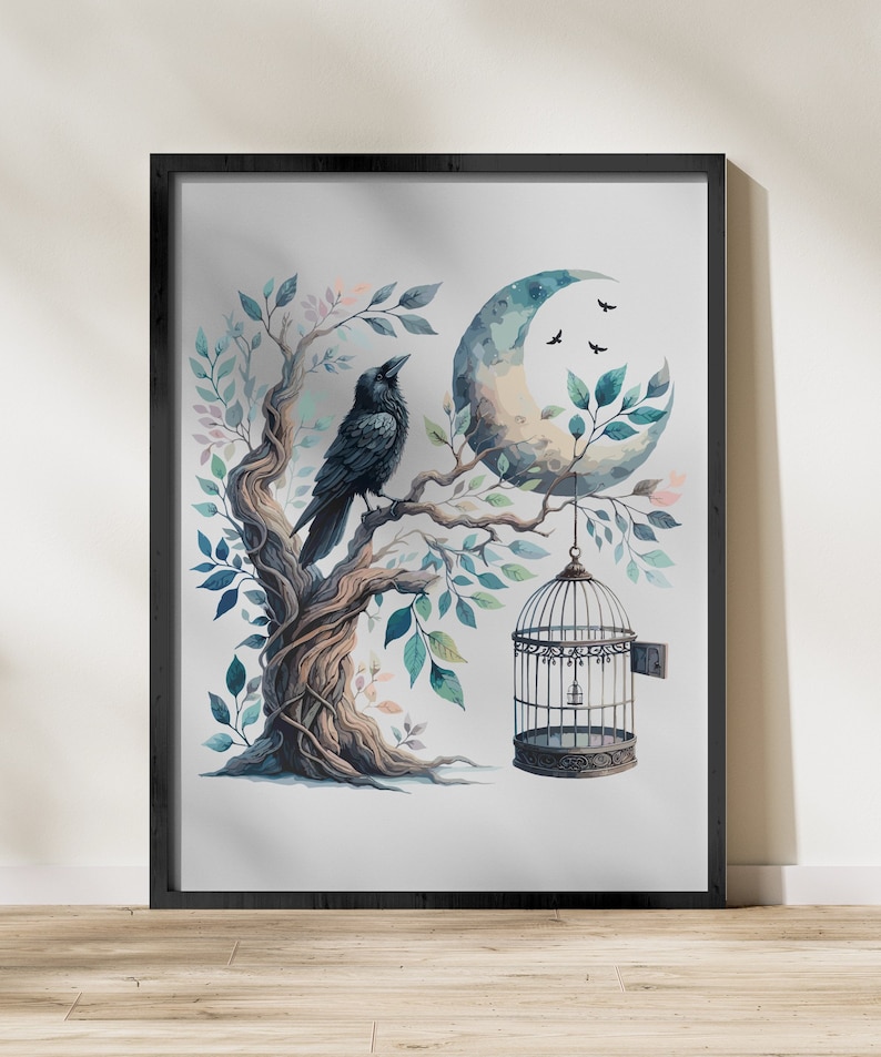 Raven Crow and Moon Digital Art, Mystical Tree and Bird Art, Moonlit ...