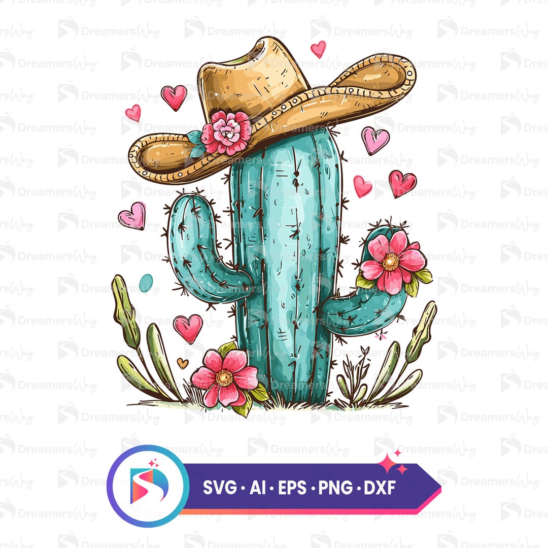 Western Cactus With a Cowboy Hat Vector Illustration, Cactus Svg Cut ...