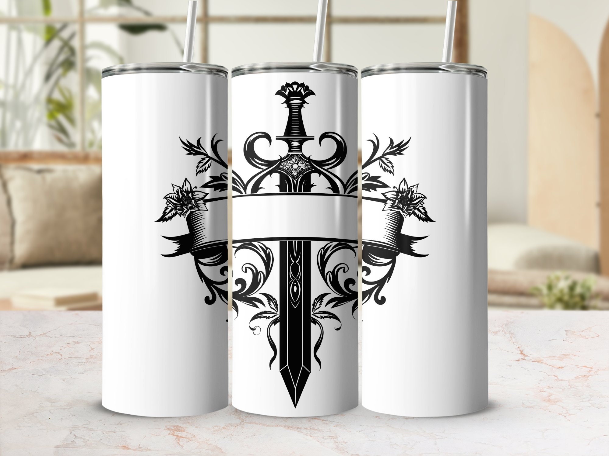 Sword With Floral Filigree Around It With an Empty Banner Vector Art ...