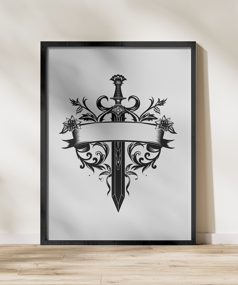 Sword With Floral Filigree Around It With an Empty Banner Vector Art ...