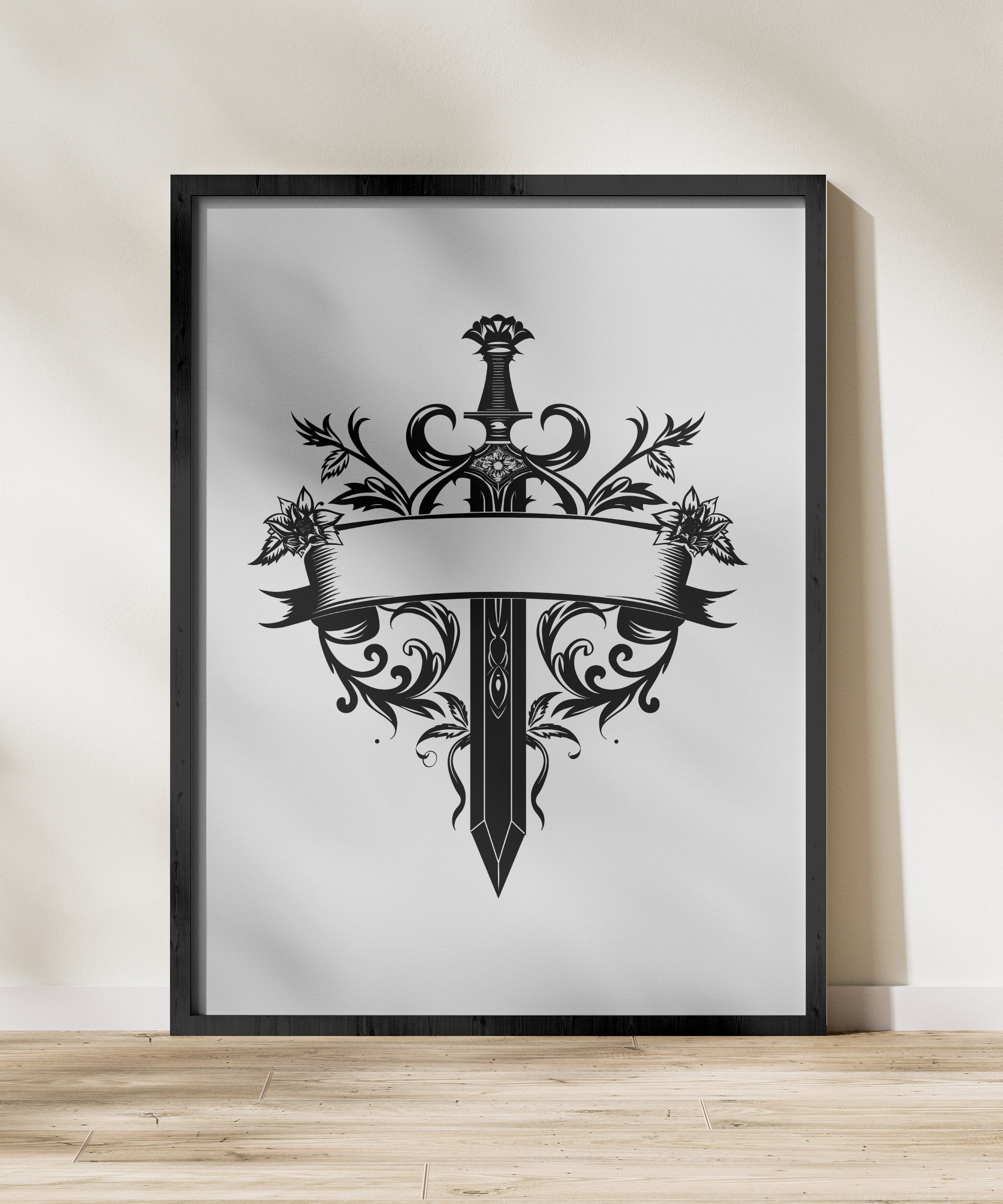 Sword With Floral Filigree Around It With an Empty Banner Vector Art ...