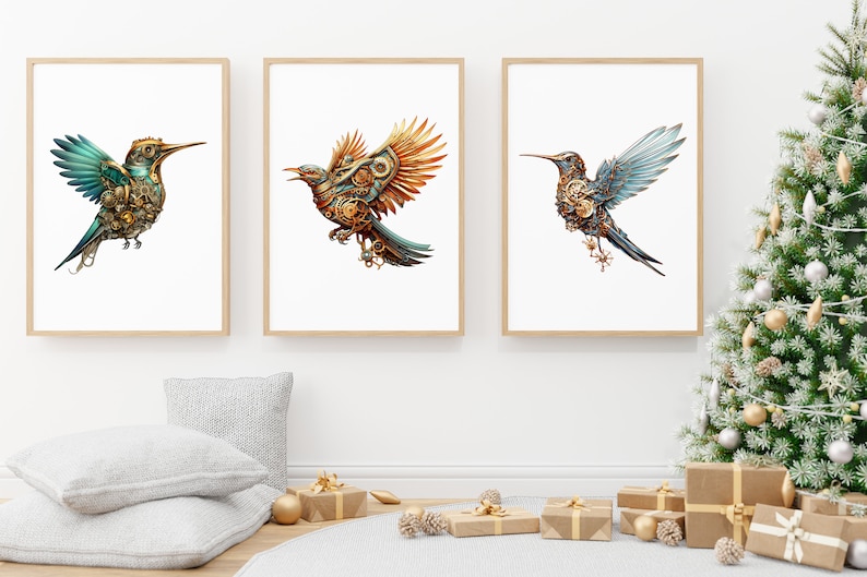 Steampunk Hummingbirds Clipart, Mechanical Bird Graphics Flying Gears ...