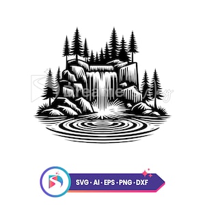 Waterfall and Forest Vector Illustration. Svg, Ai, Eps, Png, Dxf Files ...