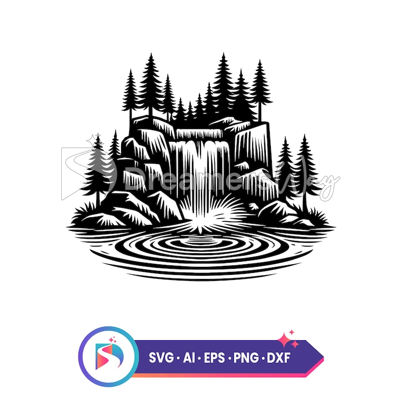 Waterfall and Forest Vector Illustration. Svg, Ai, Eps, Png, Dxf Files ...