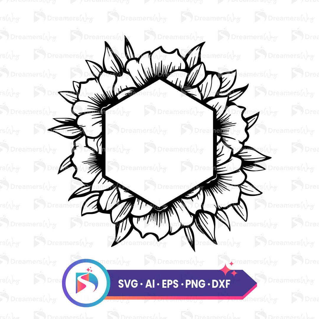 Floral Frame Digital Download, Hexagon Flower Frame Design, Instant ...
