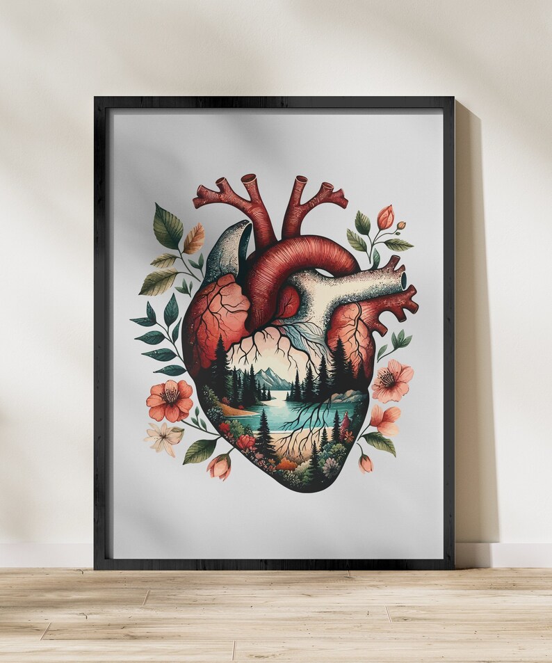 Heart With Nature Scene Svg, Digital Anatomical Heart Clipart, Floral ...