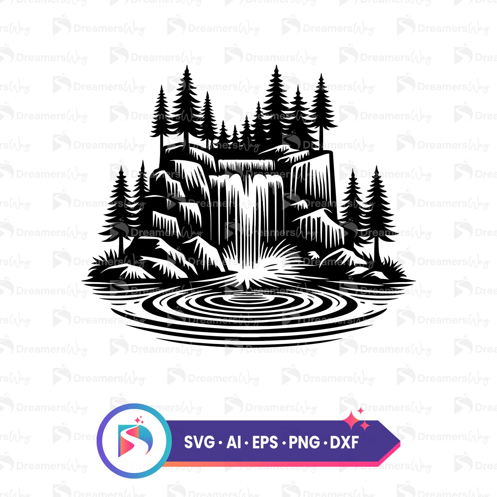 Waterfall and Forest Vector Illustration. Svg, Ai, Eps, Png, Dxf Files ...