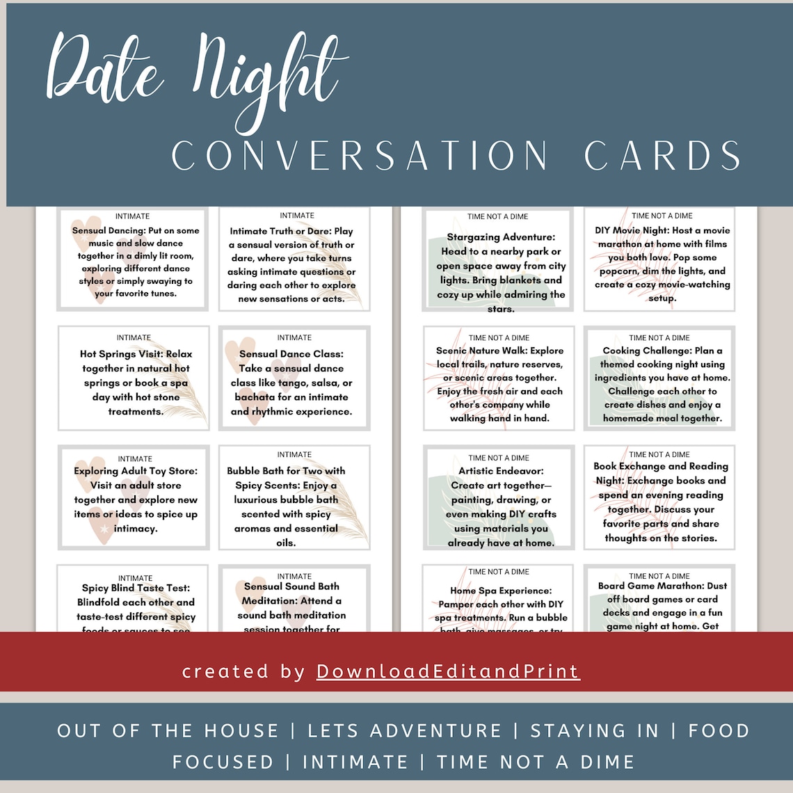 Conversation Starter Cards for Couples Printable Date Night Jar Game ...
