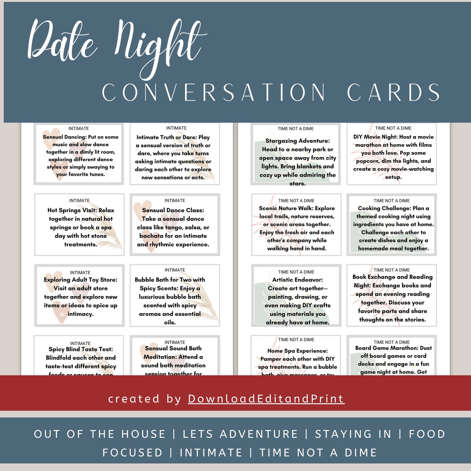 Conversation Starter Cards for Couples Printable Date Night Jar Game ...