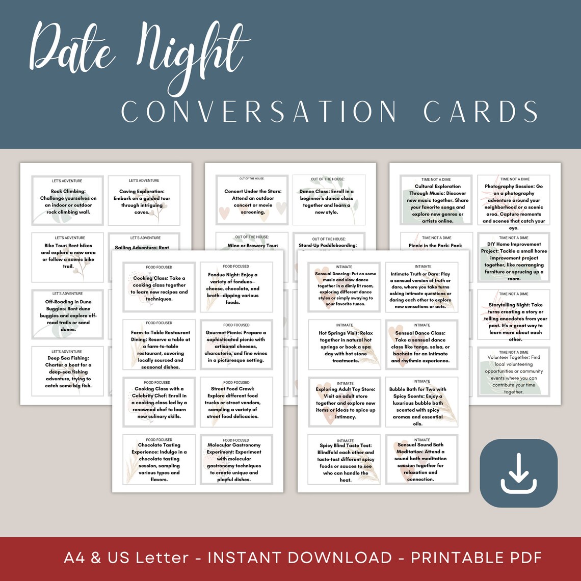 Conversation Starter Cards for Couples Printable Date Night Jar Game ...
