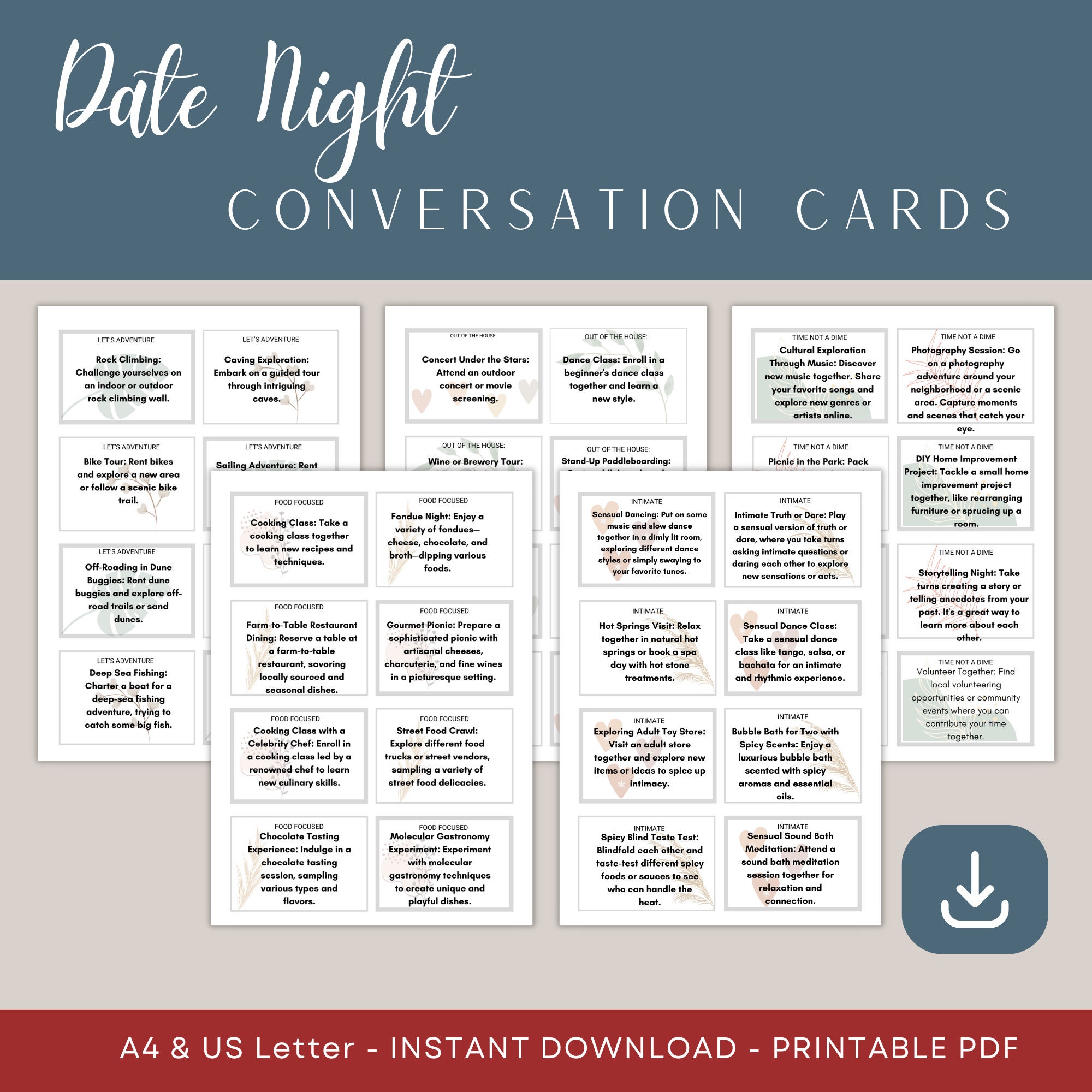 Conversation Starter Cards for Couples Printable Date Night Jar Game ...
