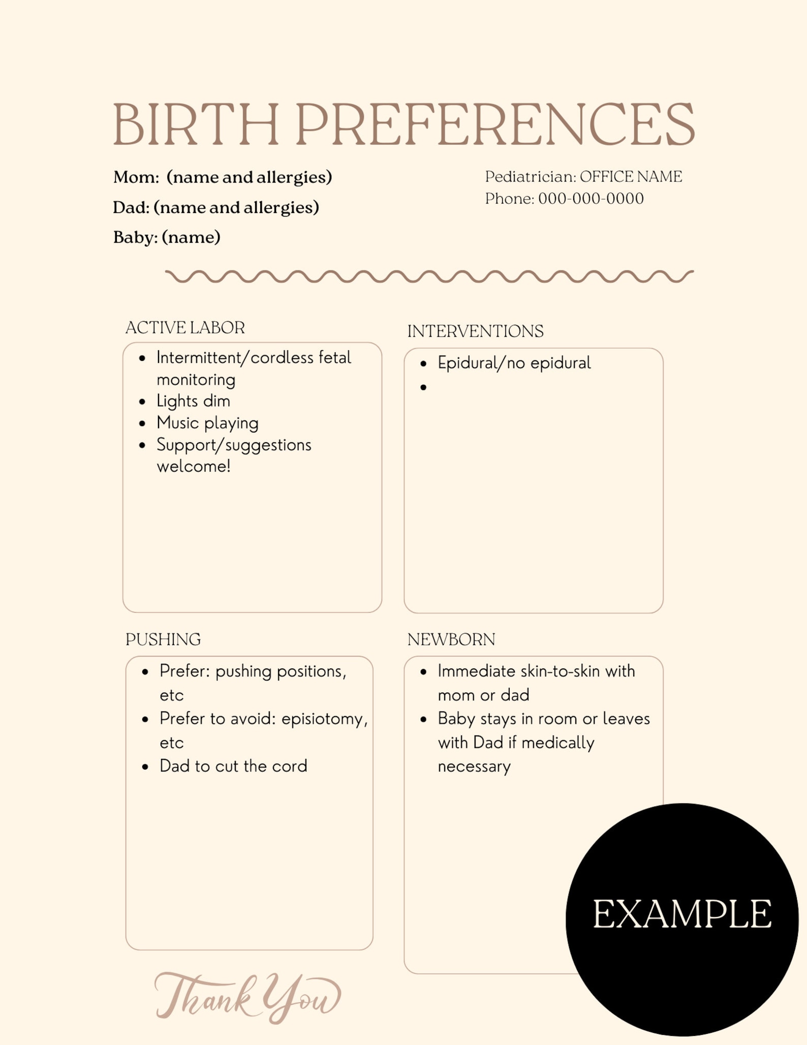 Birth Preferences Template | Birth Plan | Labor and Delivery ...