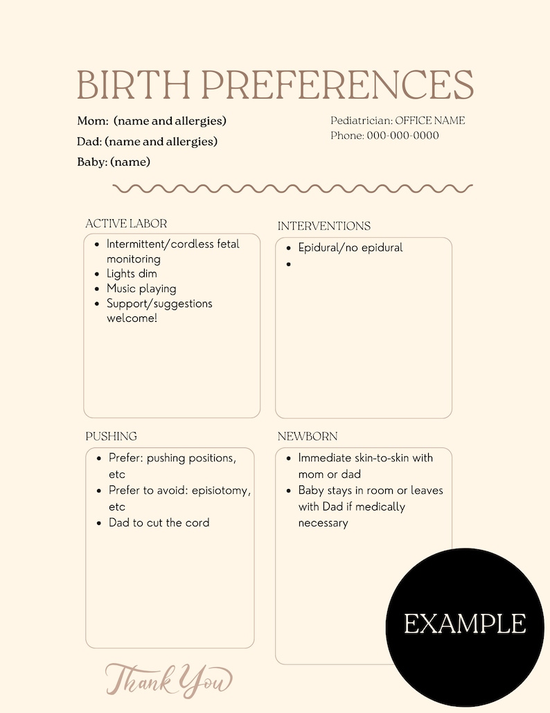 Birth Preferences Template | Birth Plan | Labor and Delivery ...