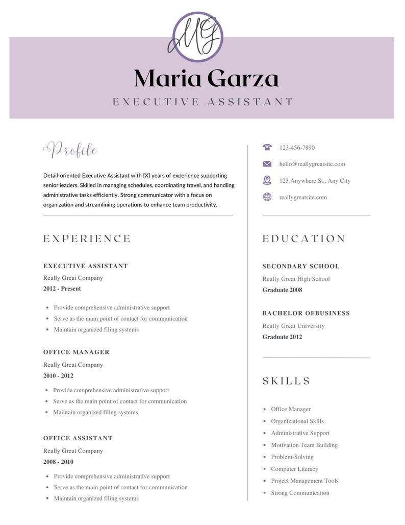 Executive Assistant Resume Template - Etsy