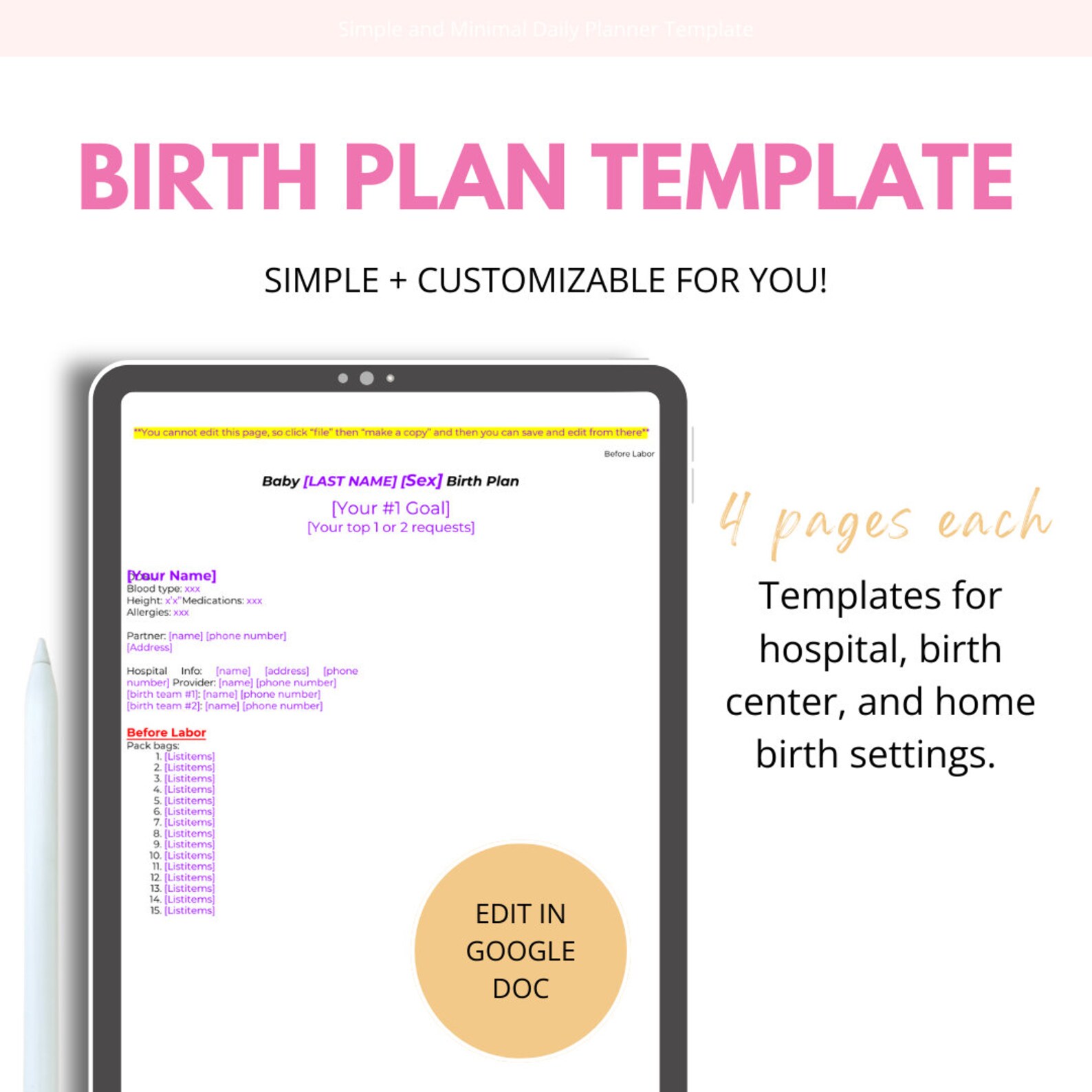 Birth Plan Preferences Bundle Editable Template Pregnant Mom Natural ...