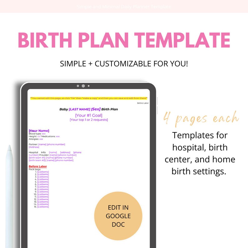 Birth Plan Template Editable With Step-by-step Guide for Physiologic ...