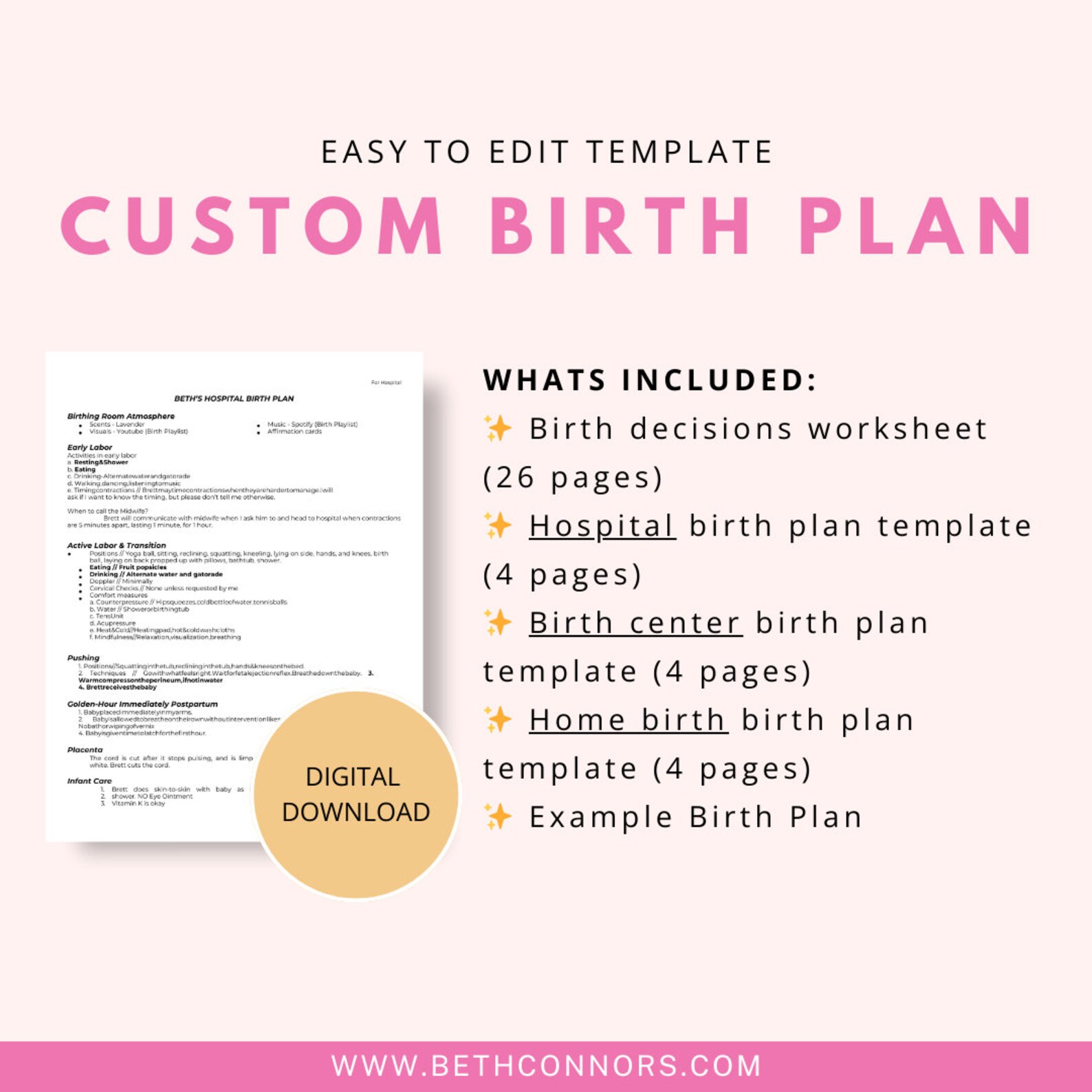 Birth Plan Preferences Bundle Editable Template Pregnant Mom Natural ...