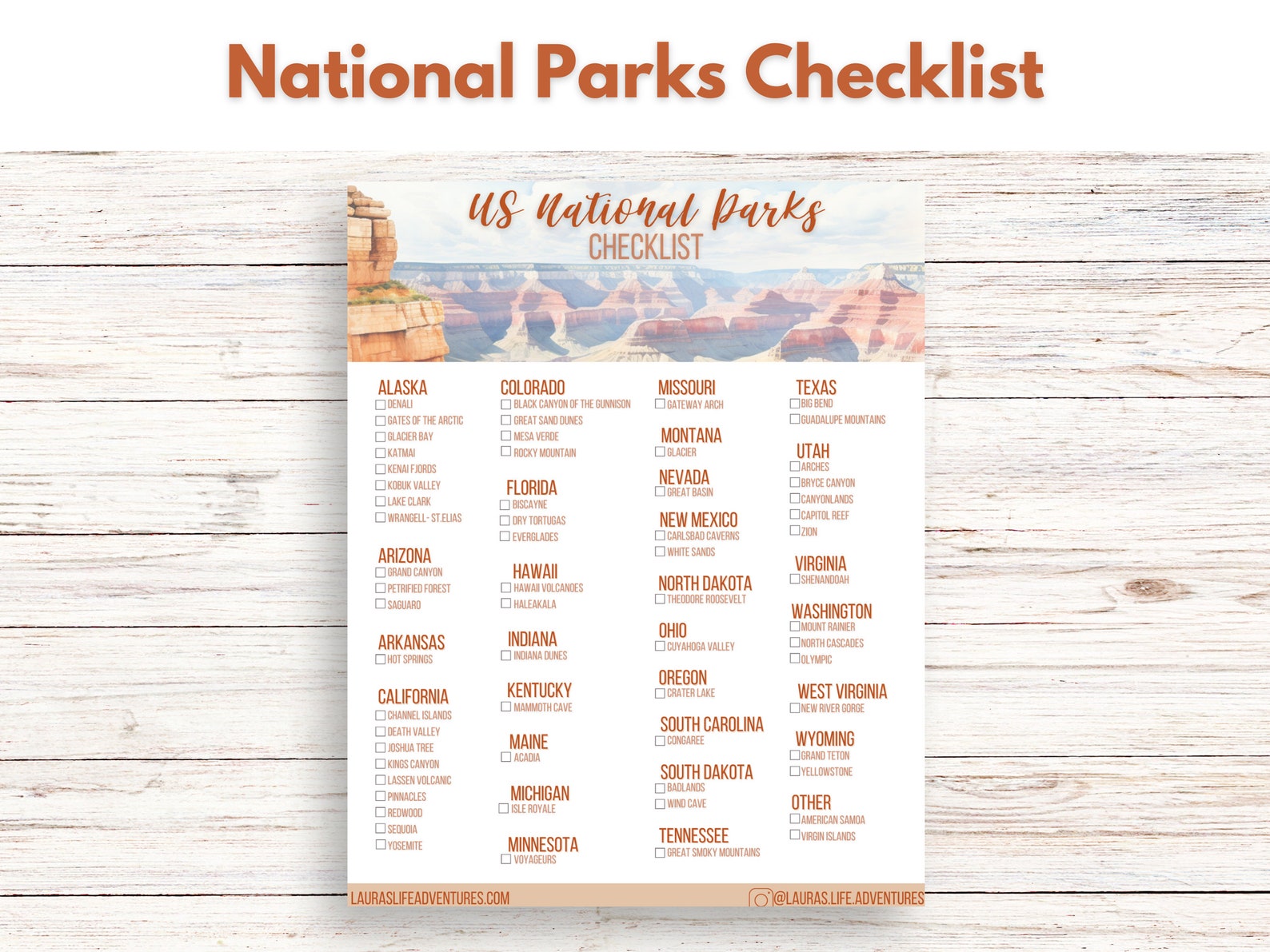 Printable US National Parks Checklist and Tracker, Nature & Wildlife ...