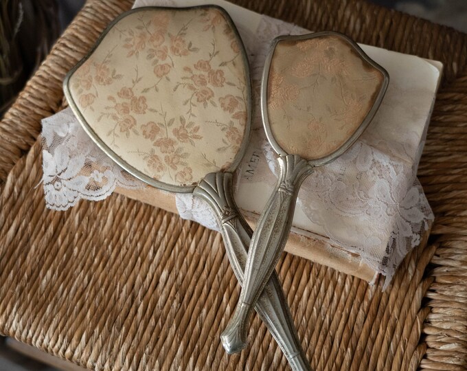 Vintage 50s Vanity Set of Mirror and Brush Gold & Pink Rose Design ...