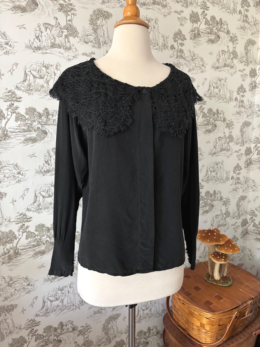 Vintage 90s Ellen Tracy Black Blouse - Lace Oversized Collar Button ...