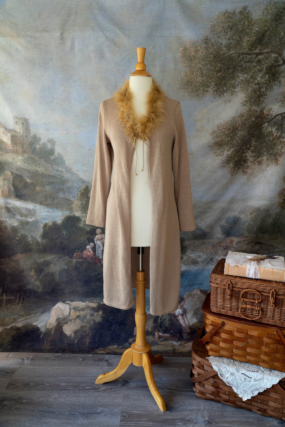 Vintage G-dresses Long Tan Cardigan With Feather Collar - Etsy