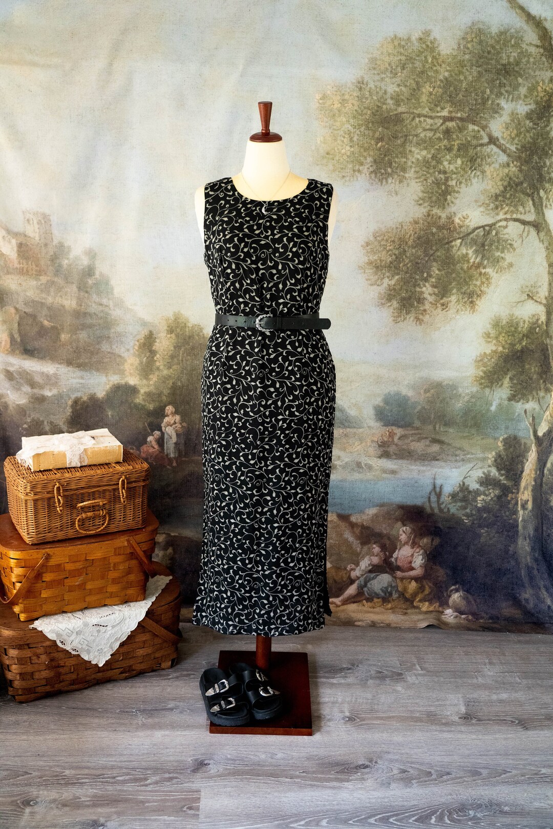 Vintage 90s Spenser Jeremy Vine Print Black Silk Maxi Dress Flowy ...